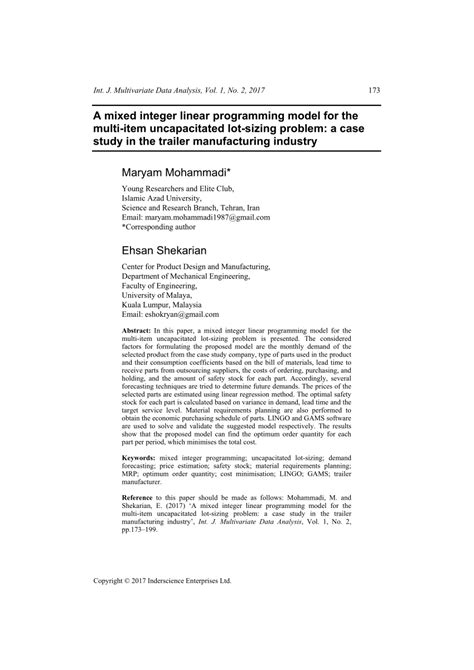Pdf A Mixed Integer Linear Programming Model For The Multi Item
