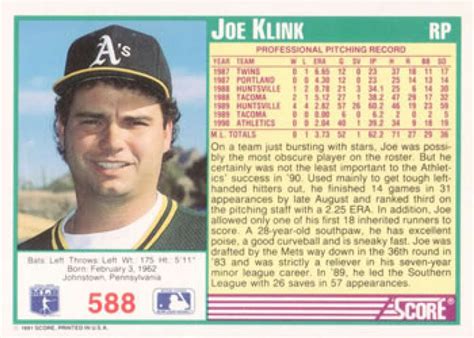 1991 Score 588 Joe Klink Vg Oakland Athletics Under The Radar Sports
