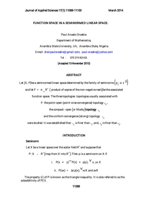 Pdf Function Space In A Semi Normed Linear Space