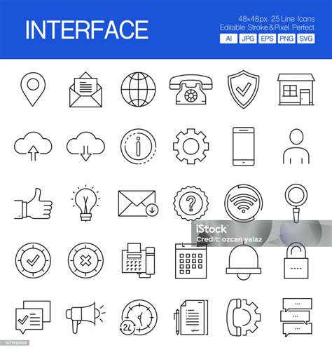 인터페이스 얇은 선 벡터 아이콘 세트입니다 디자인은 편집 가능하며 색상을 변경할 수 있습니다 창의력 아이콘의 벡터 세트 보내기 돋보기 탐색 나침반 공유 화살표 기호 마이크에