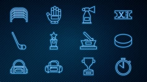 세트 라인 스톱워치 하키 퍽 에어 혼 어워드 컵 아이스하키 스틱 골 챔피언 및 글러브 아이콘 벡터 겨울에 대한 스톡 벡터 아트 및 기타 이미지 Istock