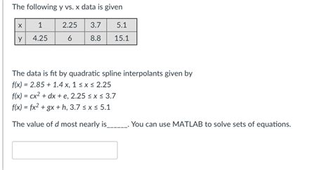 solved the following y vs x data is given x 1 2 25 3 75 1 y