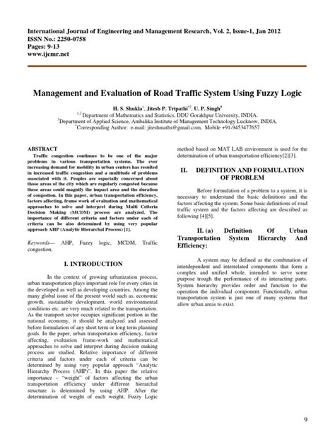 Management And Evaluation Of Road Traffic System Using Fuzzy Logic Pdf Fuzzy Logic Transport