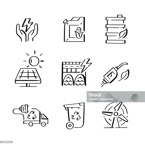 지속 가능한 에너지 생성 및 재활용 대체 전원 태양 바람 수열 옥수수 연료 낙서 아이콘 개발에 대한 스톡 벡터 아트 및 기타 이미지 Istock