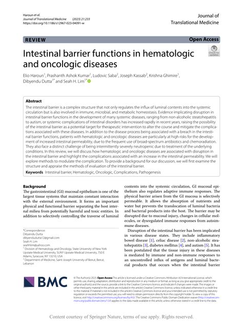 Pdf Intestinal Barrier Functions In Hematologic And Oncologic Diseases