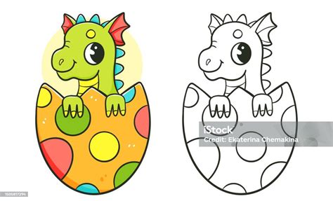 아이들을 위한 색칠 예제가 있는 달걀 색칠하기 책의 용 용과 색칠 공부 페이지입니다 흑백 및 컬러 버전 벡터 어린이 그림입니다 도마뱀류에 대한 스톡 벡터 아트 및 기타