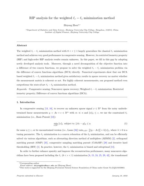 Pdf Rip Analysis For The Weighted ℓ R − ℓ 1 Minimization Method