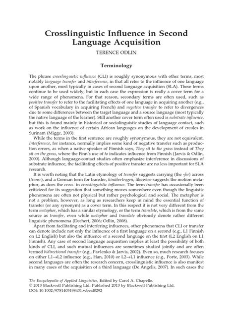 Article 2012 Odlin Crosslinguistic Infl Uence In Second Language Acquisition Pdf Second