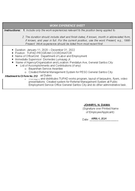 Sample Wes Cs Form No 212 Attachment Work Experience Sheet April 4