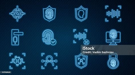 잠금 기능이있는 회선 지문 모니터 지문 사용자 보호 문 눈 스캔 거부 음성 인식 및 방패 아이콘을 설정합니다 벡터 거절에 대한