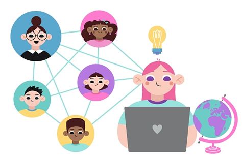 노트북 컴퓨터를 사용하여 학급 급우 교사 만화 스타일과 공부하고 연결하는 십대 소녀 트렌디한 현대 벡터 일러스트레이션은 흰색 손으로 그린 평면 디자인으로 분리되어 있다