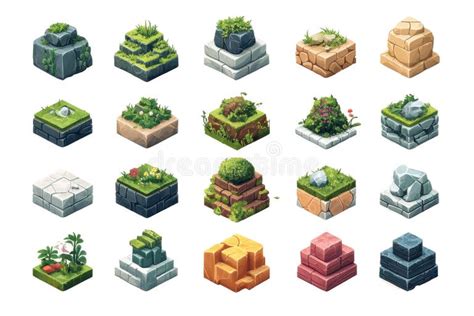 Isometric Stone Blocks With Vegetation Game Assets Fantasy Landscape