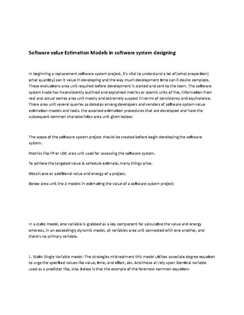 Software Value Estimation Models In Software System Designing These