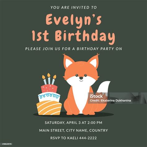아이들을 위한 인사 및 초대장 첫 생일 파티 귀여운 아기 여우와 케이크 플랫 어린이 스타일 벡터 일러스트 레이 션 카드 포스터 이벤트 인쇄 디자인 0명에 대한 스톡 벡터
