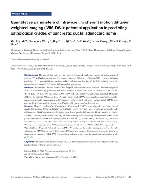 Pdf Quantitative Parameters Of Intravoxel Incoherent Motion Diffusion Weighted Imaging Ivim