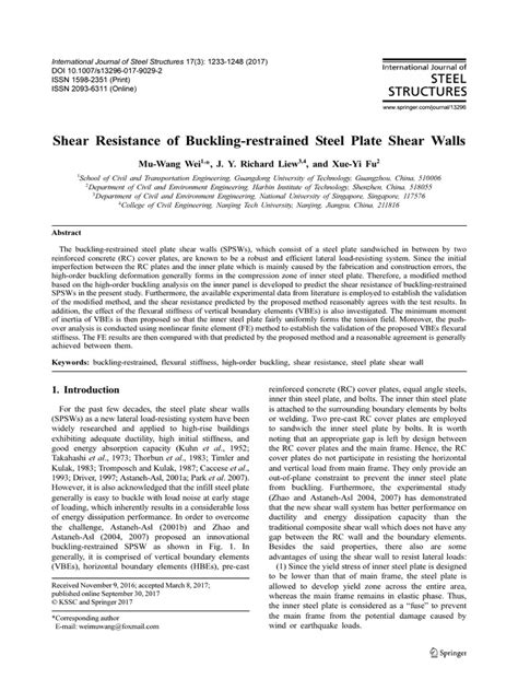 Shear Resistance Of Buckling Restrained Steel Plate Shear Walls Pdf Buckling Yield