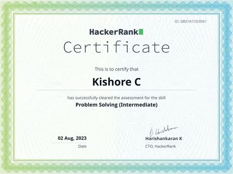 Certified In Problem Solving By Hackerrank Kishore C Posted On The
