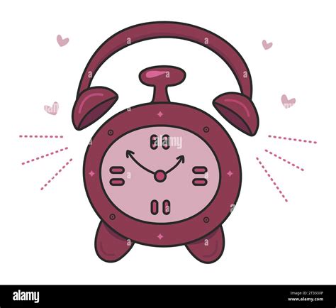 Cute Black Line Color Alarm Clock Round Table Timer Doodle In Burgundy And Pink Shades Vector