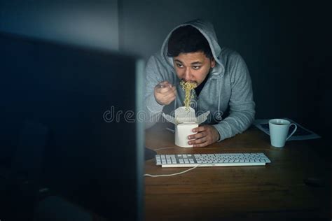 Eating Computer And Takeaway At Night With Man And Coding Work With