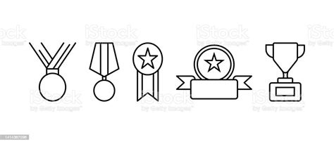 수상 라인 아이콘입니다 우승자의 메달 승리 컵 및 상 성취 선형 아이콘 세트 벡터 일러스트레이션 경쟁에 대한 스톡 벡터 아트 및 기타 이미지 Istock