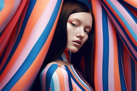 앞을 바라보는 긴 머리를 가진 분홍색과 파란색 줄무늬의 아름다운 젊은 여성의 생성 Ai 삽화 프리미엄 사진