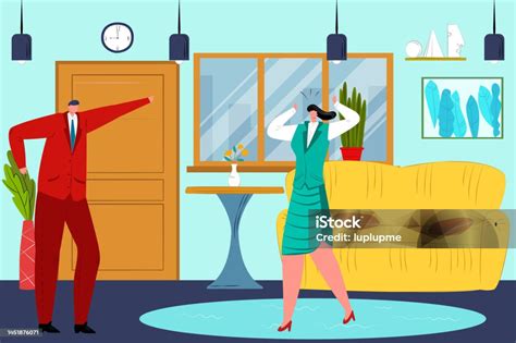 커플 남자 여자는 서로 충돌 화가 아내 남편 가족 벡터 일러스트 결혼한 사람들 간의 관계 갈등 2명에 대한 스톡 벡터 아트 및