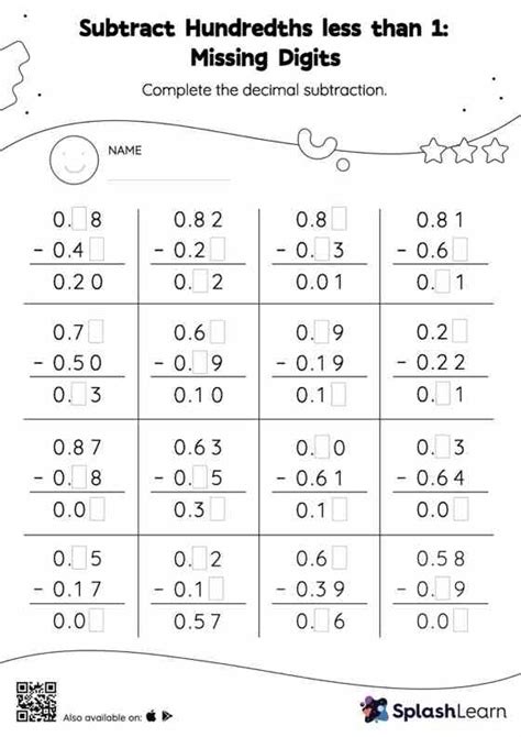 Subtract Hundredths Less Than 1 Missing Digits Worksheet