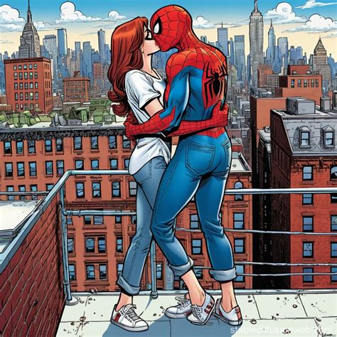 Spider Man Kisses Mary Jane On A Rooftop In New York Stable Diffusion