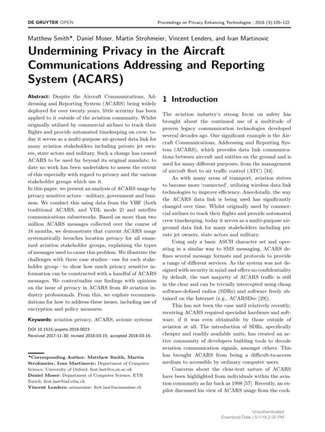 Pdf Undermining Privacy In The Aircraft Communications Addressing And Reporting System Acars