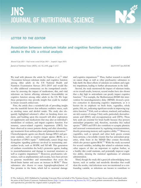 Pdf Association Between Selenium Intake And Cognitive Function Among