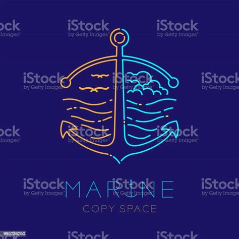 앵커 갈매기 구름 물결 모양 로고 아이콘 개요 스트로크 설정 해양 텍스트 및 복사 공간와 어두운 파란색 배경에 격리는 대시 선 디자인 일러스트 레이 션 갈매기에 대한 스톡