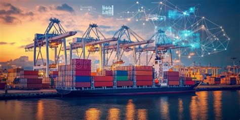 Aerial View Of Logistics Technology At Import Export Cargo Seaport With