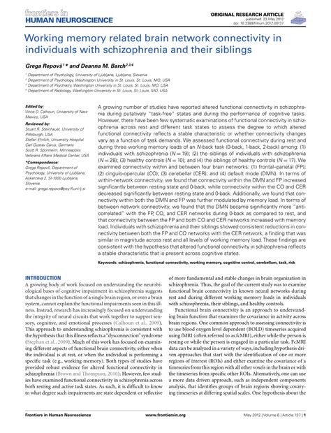 Pdf Working Memory Related Brain Network Connectivity In Individuals With Schizophrenia And