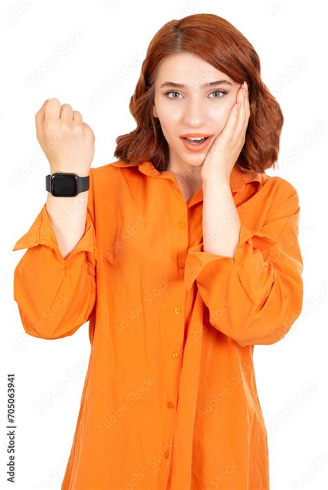 Showing Smart Watch Screen Young Shocked Excited Woman Showing Smart Watch Screen Portrait Of