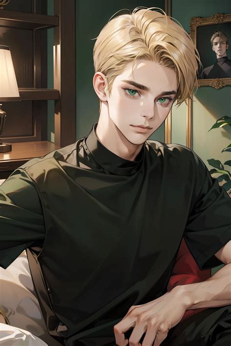 녹색 방에 있는 소파에 앉아 금발 머리를 가진 애니메이션 소년 SeaArt AI