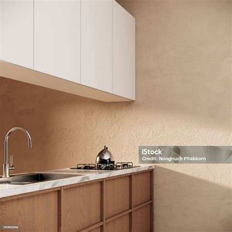 재팬디 스타일의 주방 인테리어 디자인 현대적인 스칸디나비아 아파트와 목재 가구 세로 배경 3d 렌더링 부엌에 대한 스톡 사진 및 기타 이미지 Istock