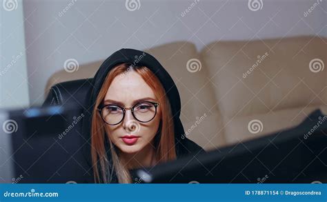 Revealing Shot Of Wanted Female Hacker Using Super Computer Stock Photo Image Of Computer