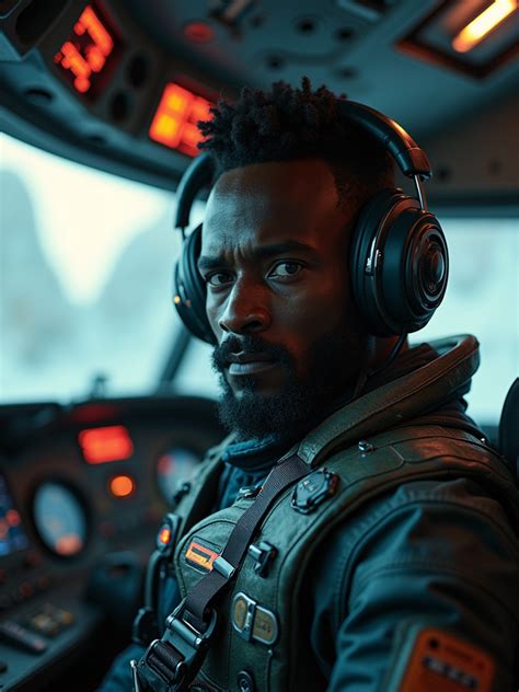 Man As Sci Fi Pilot In A Spaceship Cockpit Set Wearing A Rugged Pilot