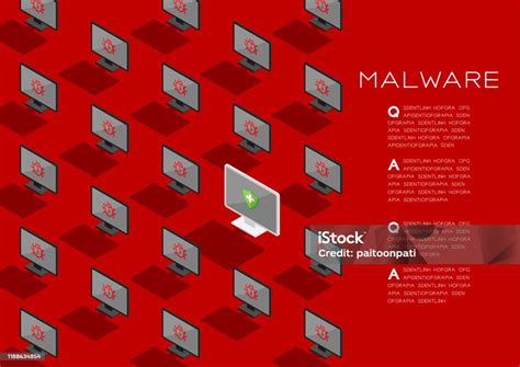 컴퓨터 모두 하나의 3d 등각 투영 패턴 악성 코드 바이러스 보호 개념 포스터 및 소셜 배너 게시물 복사 공간 벡터 Eps 10 빨간색 배경에 격리 수평 디자인 그림 등측