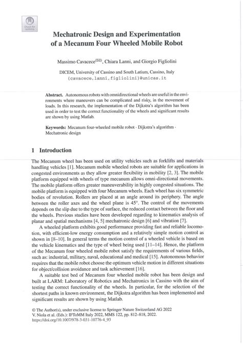 Pdf Mechatronic Design And Experimentation Of A Mecanum Four Wheeled Mobile Robot