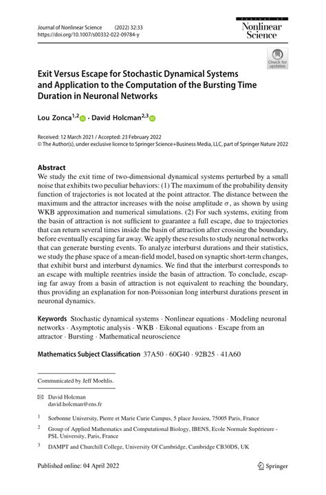 Pdf Exit Versus Escape For Stochastic Dynamical Systems And