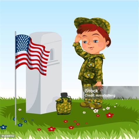 현충일 군 묘지에 자식 무덤 전쟁 베테랑 어린이 메모리를 기리는에 균일 한 경례 작은 소년 타락 한 영웅 미국인 우리는 벡터 일러스트 레이 션 플래그 4에 대한 스톡 벡터