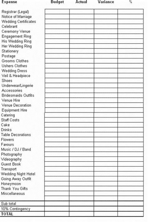 Printable Wedding Budget