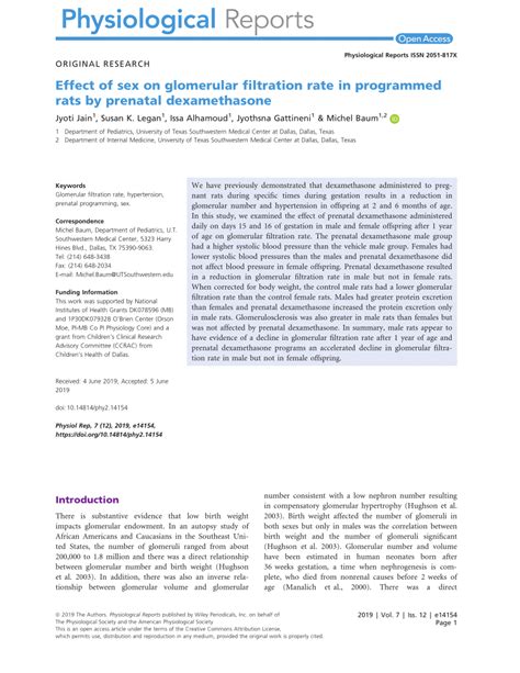Pdf Effect Of Sex On Glomerular Filtration Rate In Programmed Rats By