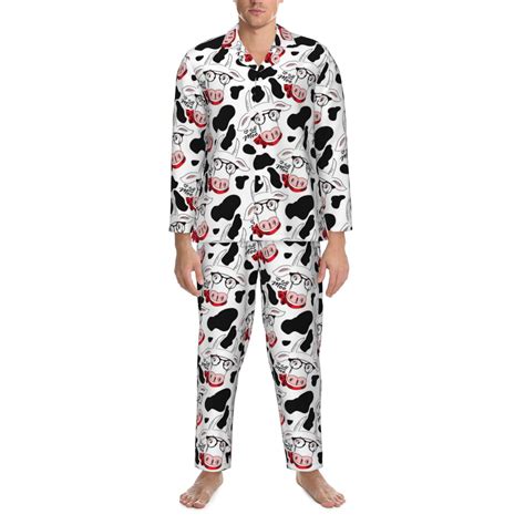 Mens Pajamas Set Cute Funny Cow With Glasses Button Down Pajamas For