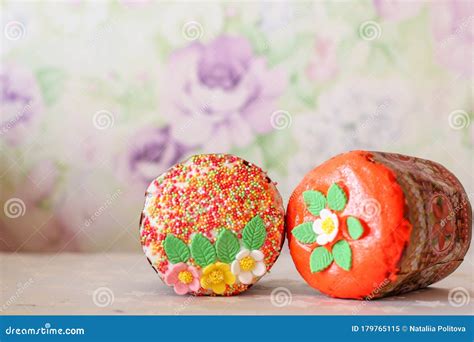Happy Easter Delicious Kulish Pascha Paska Easter Cake With White Glaze And Almonds Stock Image