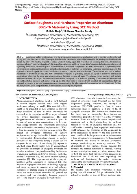 Pdf Surface Roughness And Hardness Properties On Aluminum 6061 T6 Material By Using Dct Method