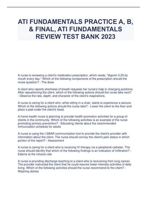 Ati Fundamentals Practice A B And Final Ati Fundamentals Review Test Bank 2023 Ati