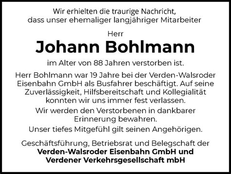 Traueranzeigen Von Johann Bohlmann Trauer Kreiszeitung De