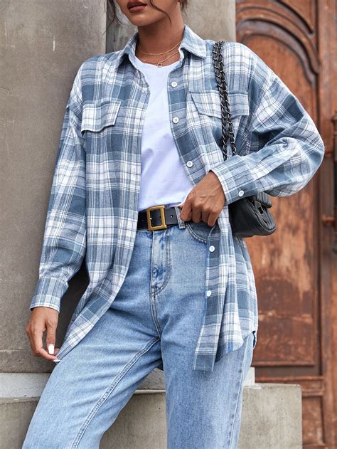 Plaid Flap Detail Drop Shoulder Coat Plaid Shirt Outfits Blue Plaid